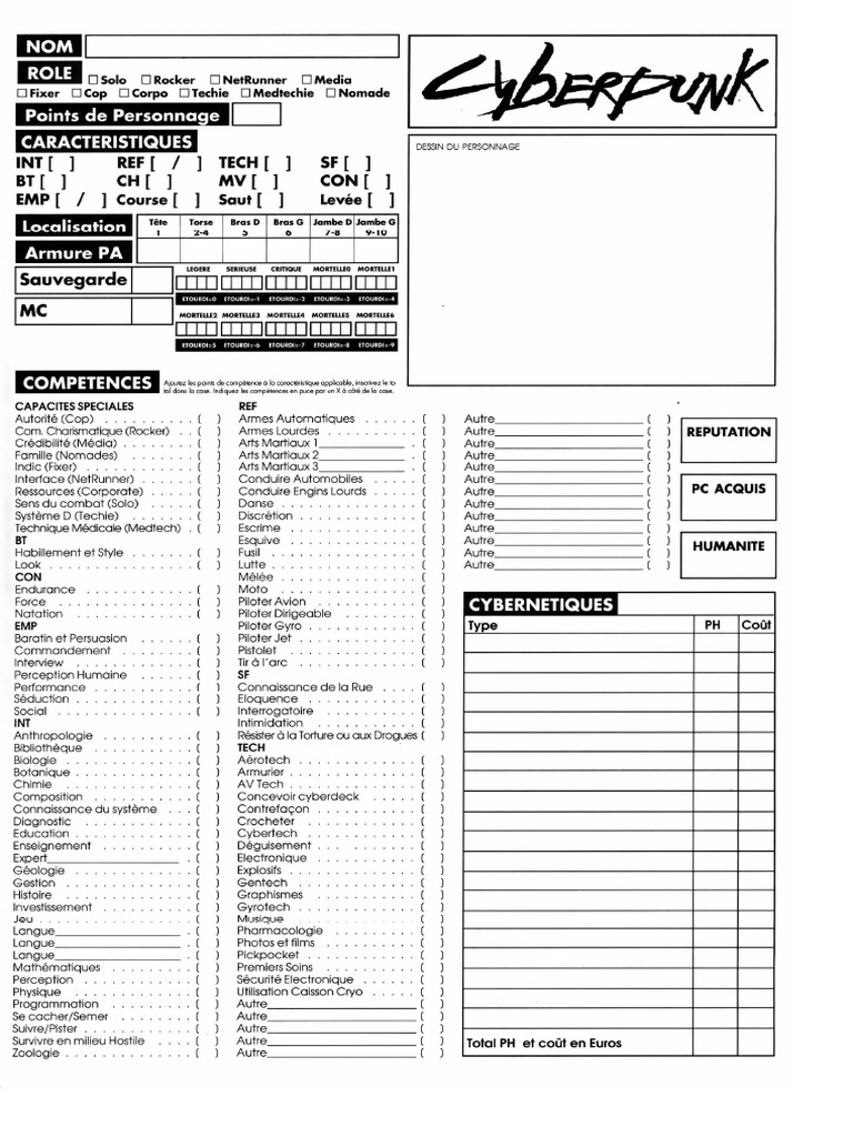 Cyberpunk 2020 Fiche 1ere Edition | PDF