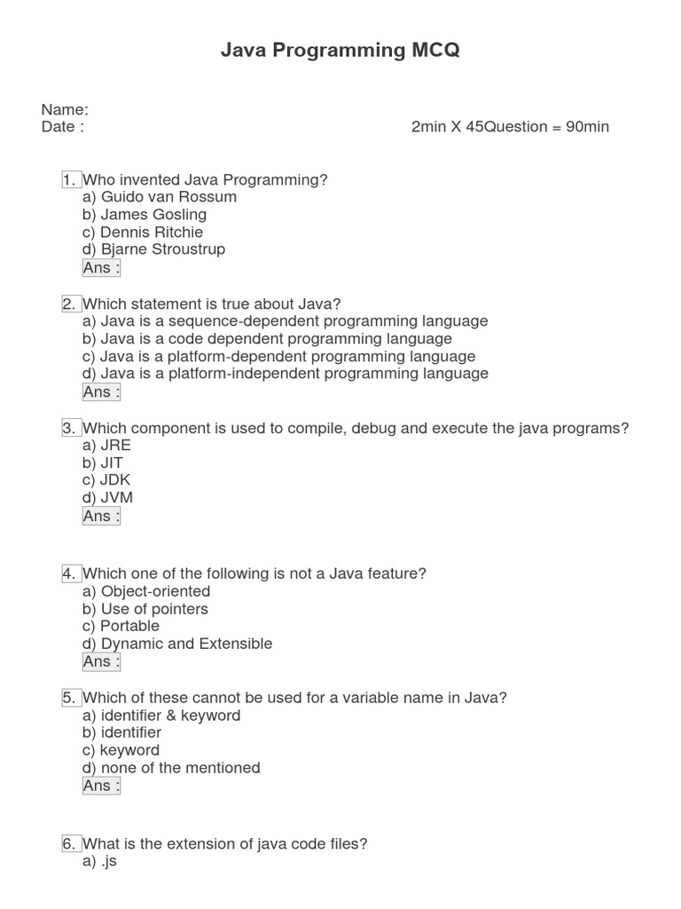 Java Programming MCQ - 90min | Download Free PDF | Class (Computer ...
