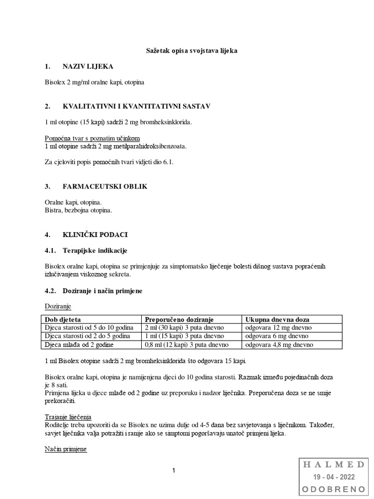 Bisolex Oralne Kapi Otopina SPC | PDF