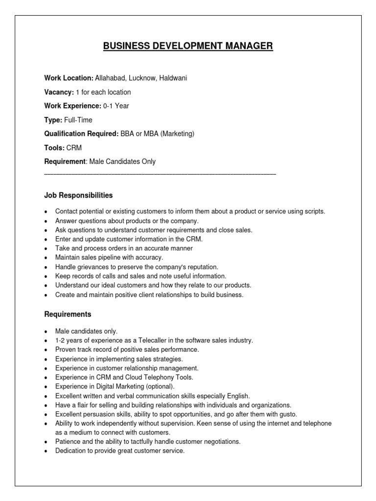 JD - Business Development Manager | PDF | Customer Relationship ...