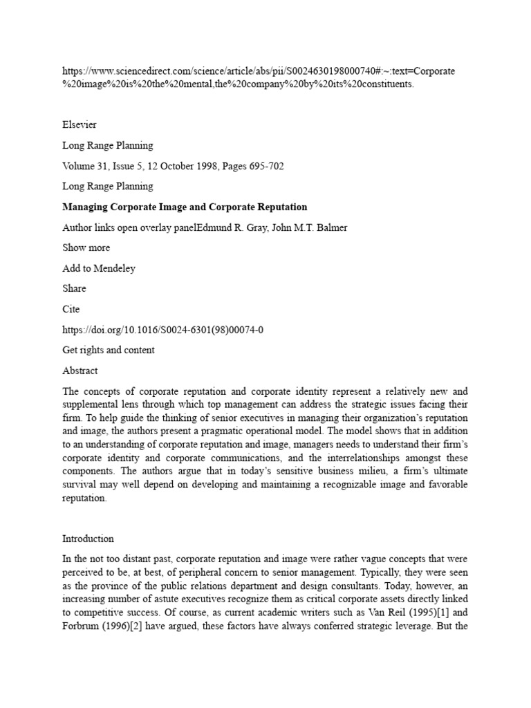 1998 Managing Corporate Image and Corporate Reputation | PDF ...