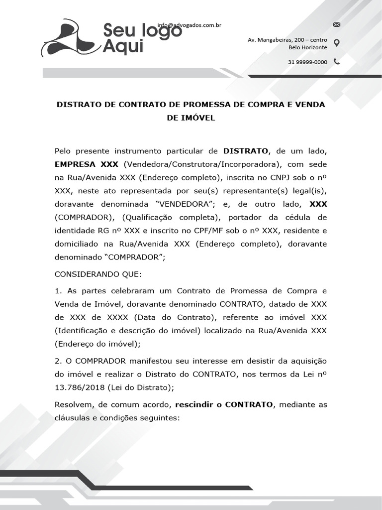 Distrato de Contrato de Promessa de Compra e Venda de Imóvel | PDF ...