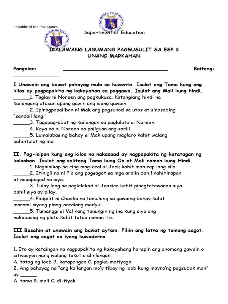 IKALAWANG LAGUMANG PAGSUSULIT SA ESP 3 AT MTB-MLE 3 - UNANG MARKAHAN | PDF