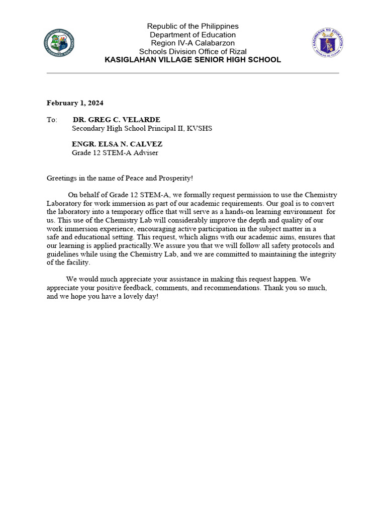 Letter Request For Chemistry Lab | PDF
