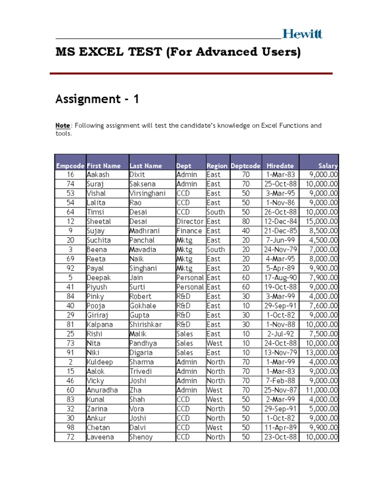 MS Excel Test | Worksheet | Computer Data