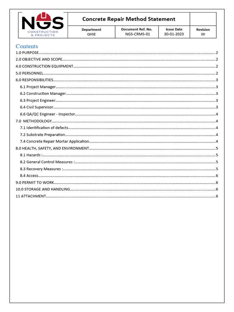 Concrete Repair Method Statement | PDF | Quality Assurance | Concrete