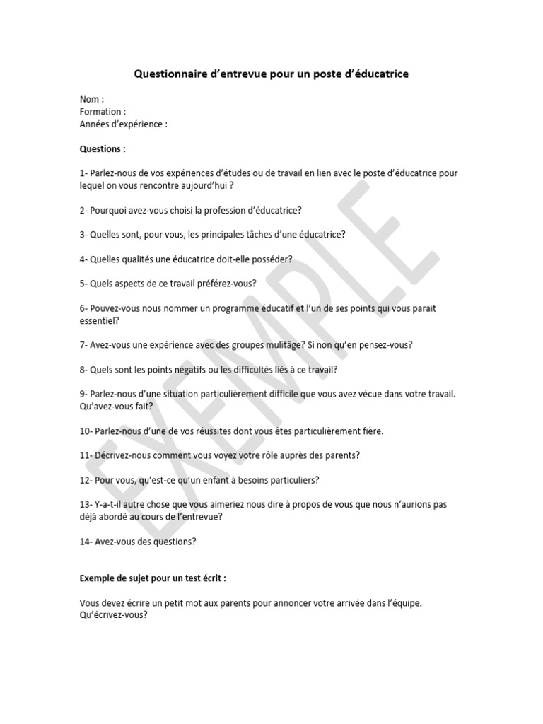 Questionnaire d'entretien éducateur spécialisé | PDF