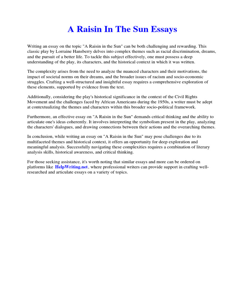 A Raisin In The Sun Essay Writing Guide | PDF | Islamic Banking And ...