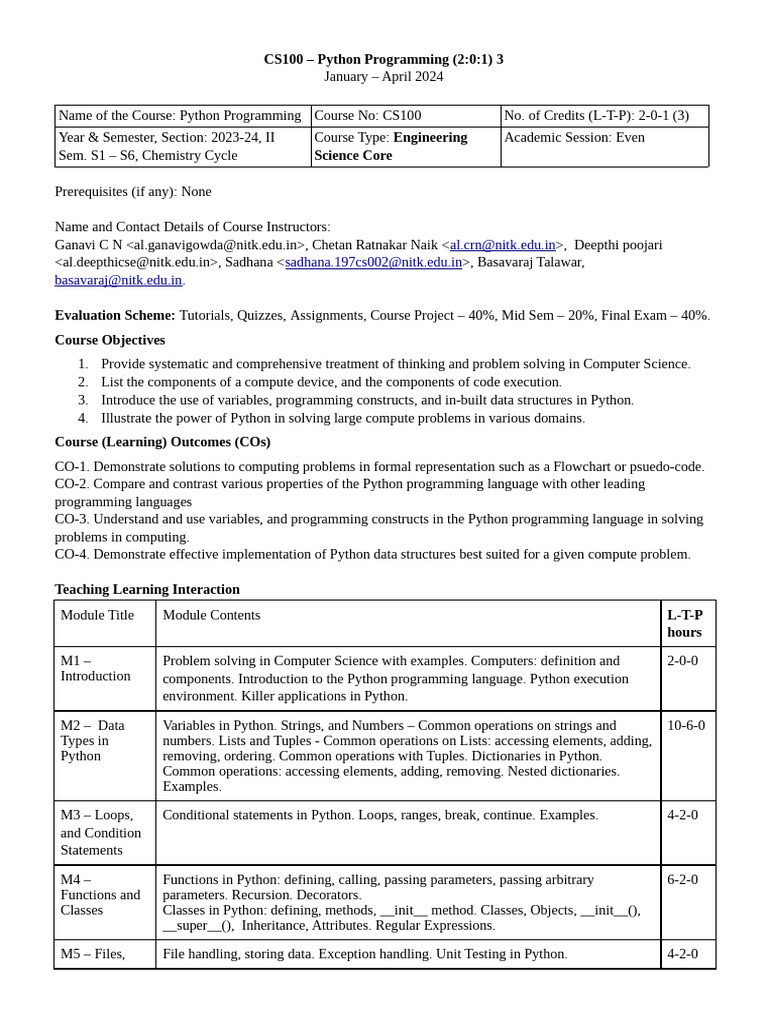CS100, CS101-Course Plan - 2024 Jan-Apr | PDF | Python (Programming Language) | Computer Programming