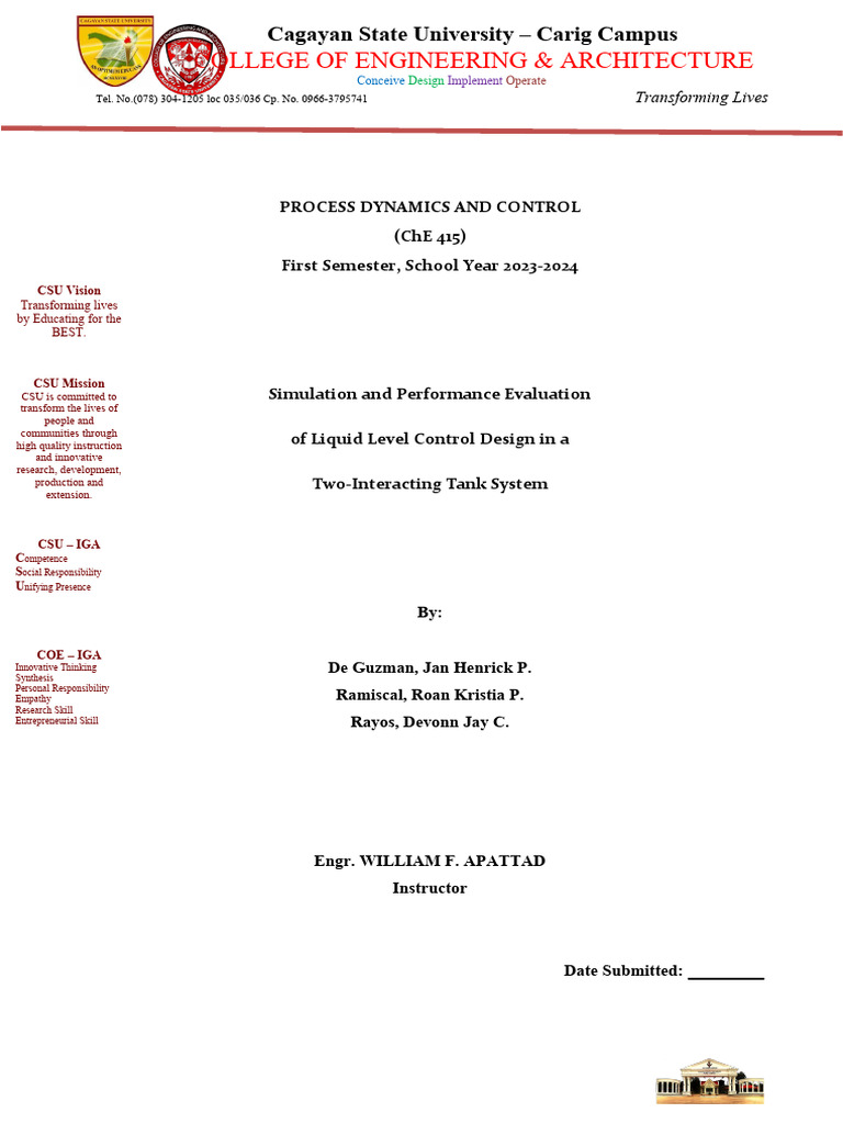 Simulation And Performance Evaluation Of Liquid Level Control Design In A Two Interacting Tank