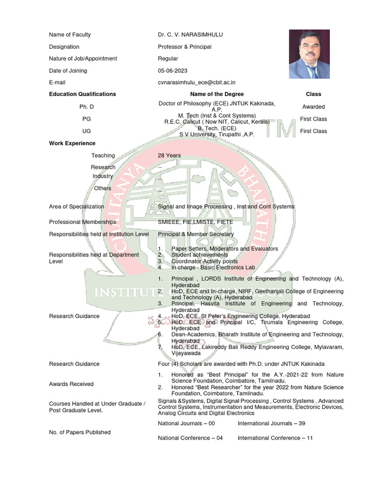 Dr. Narsimhulu Principal Professor | PDF | Wavelet | Artificial ...
