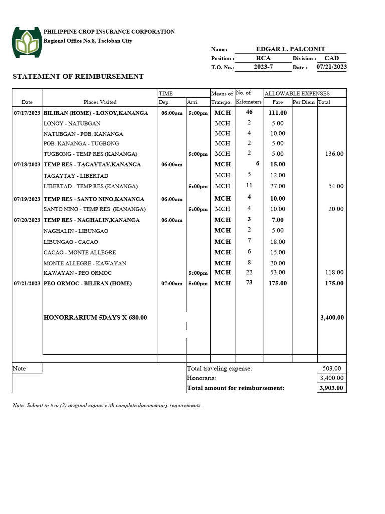 Statement of Reimbursement (1) (1) | PDF | Expense