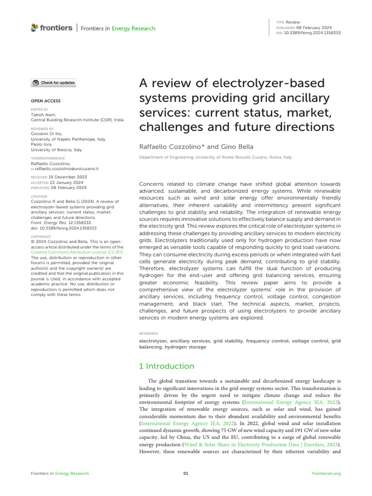 A Review of Electrolyzer-Based Systems Providing Grid Ancillary Services: Current Status, Market ...