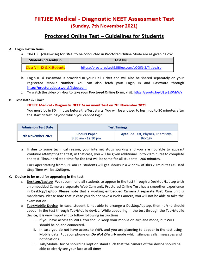 FIITJEE NEET Online Test Guidelines | PDF | Wi Fi | Mobile Phones