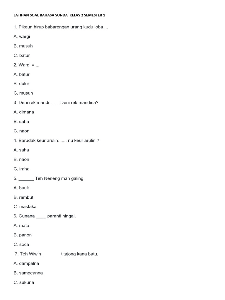 Latihan Soal Bahasa Sunda Kelas 2 Semester 1 Pdf