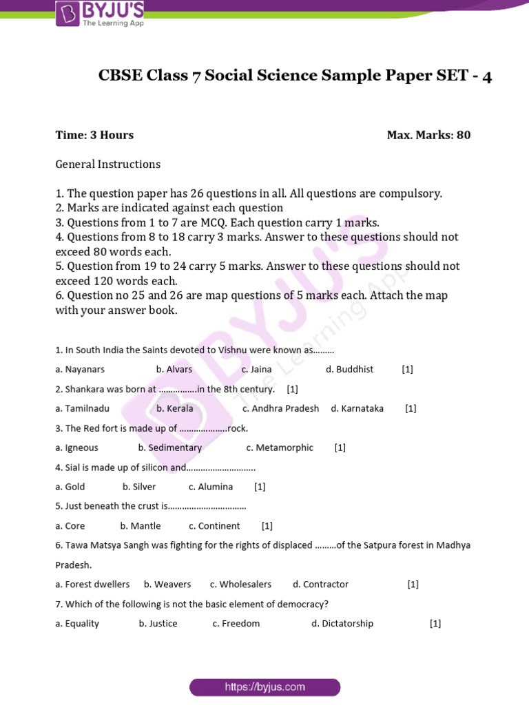 CBSE Class 7 Social Science Sample Paper SET 4 | PDF | Earth Sciences ...