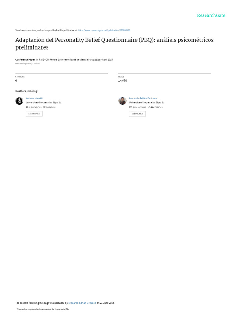 Adaptación Del Personality Belief Questionnaire (PBQ) : Análisis Psicométricos Preliminares ...