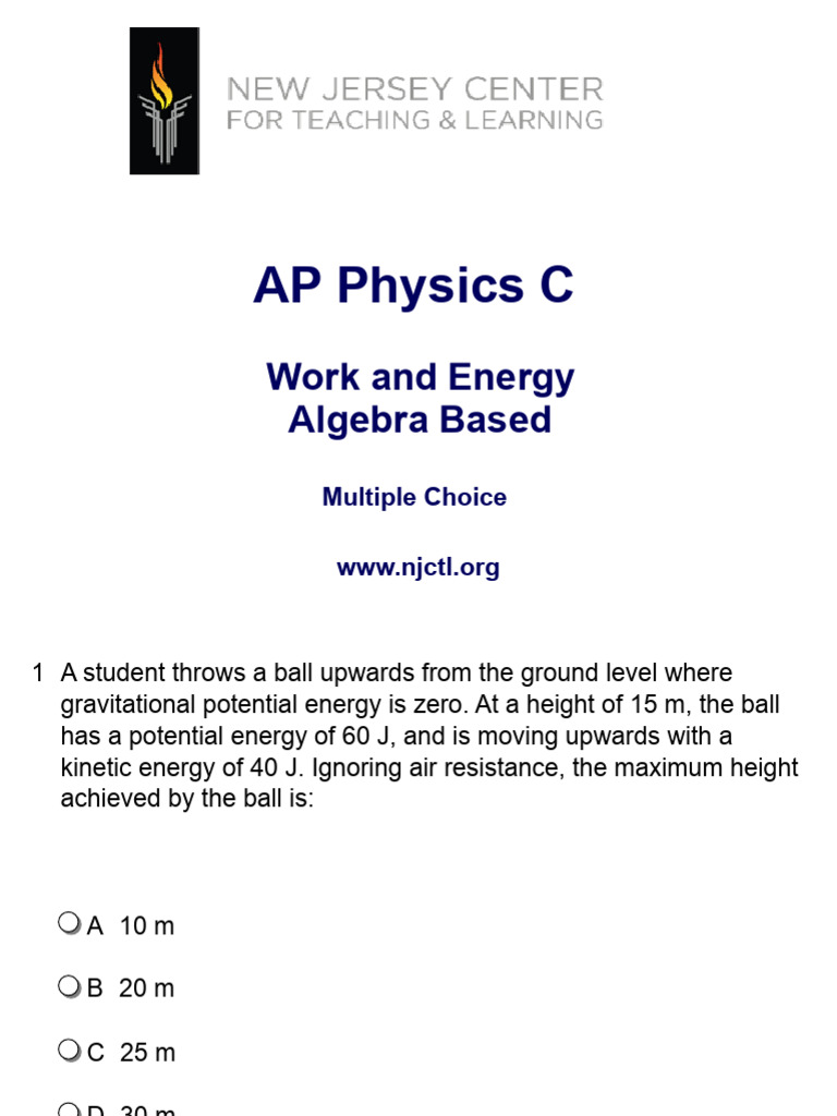 Ap Physc M - Work and Energy Multiple Choice Algebra Based Slides ...