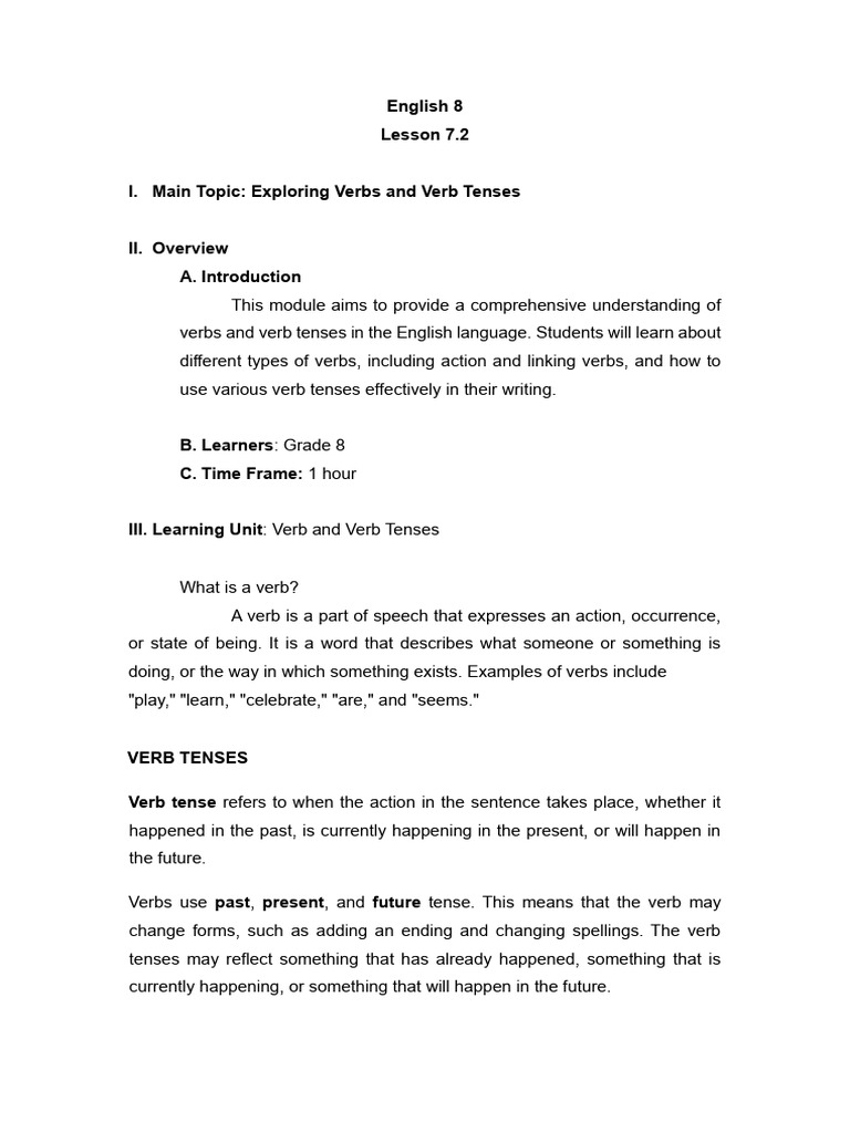 Lesson 7.2 Verb and Verb Tenses | PDF | Perfect (Grammar) | Verb