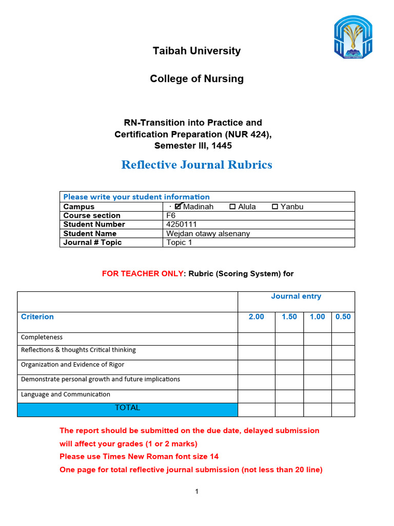 Reflective Journal Template | PDF | Nursing | Risk
