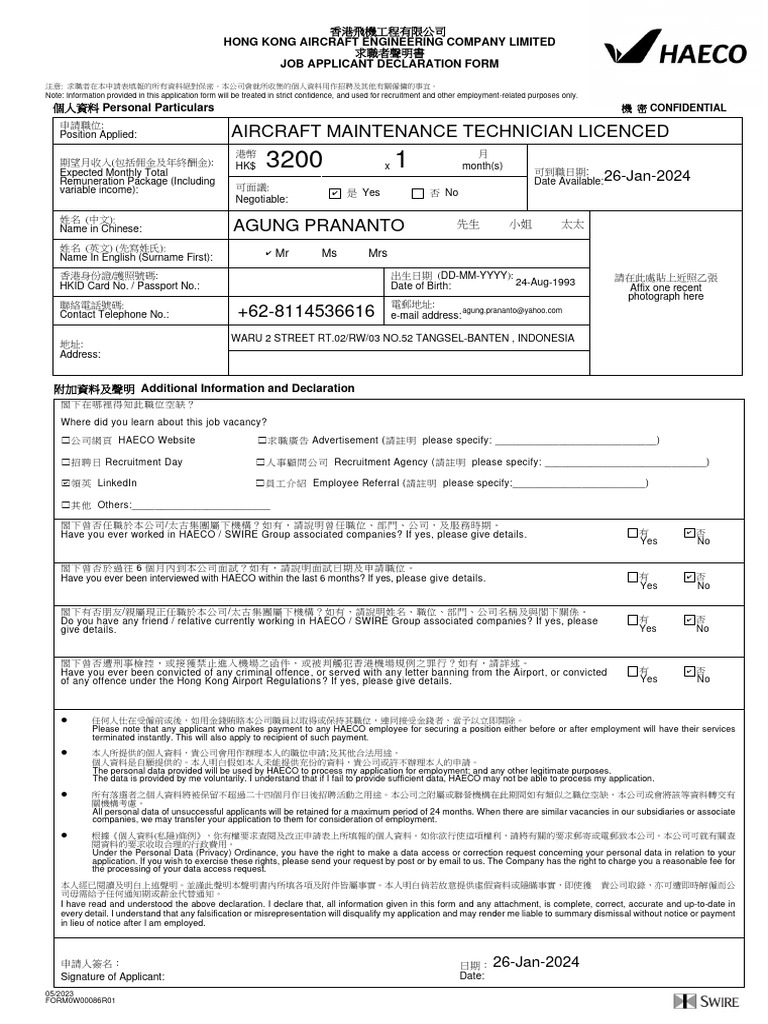 HAECO Job Applicant Declaration Form | PDF | Recruitment | Employment