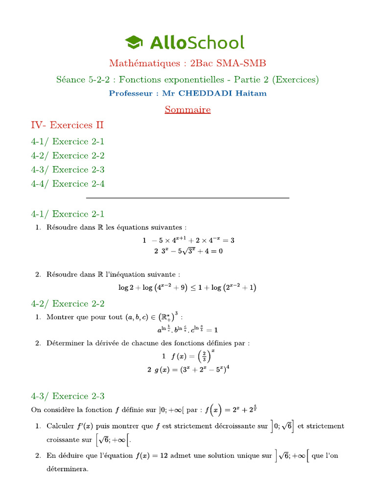 Seance 5 2 2 Fonctions Exponentielles Partie 2 Exercices 1 | PDF