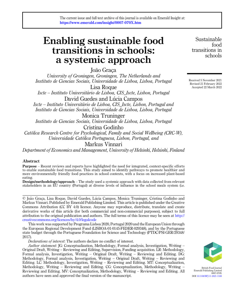 2022 - Enabling Sustainable Food Transitions in Schools - A Systemic Approach | PDF | Obesity ...