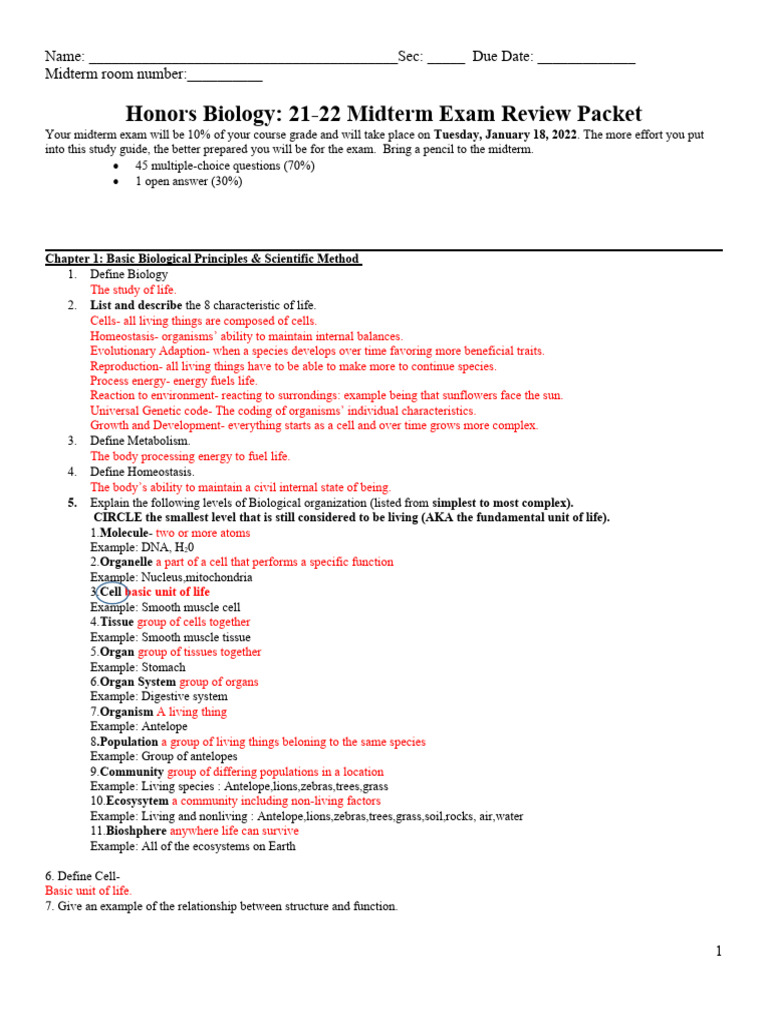 Honors Biology: 21-22 Midterm Exam Review Packet | PDF | Cell (Biology ...