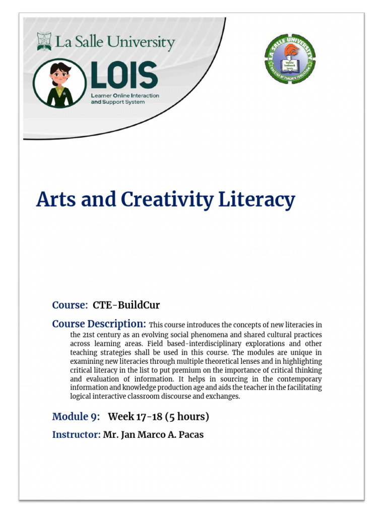 Learning Module 9 - Arts and Creativity Literacy | PDF | Creativity | Design Thinking