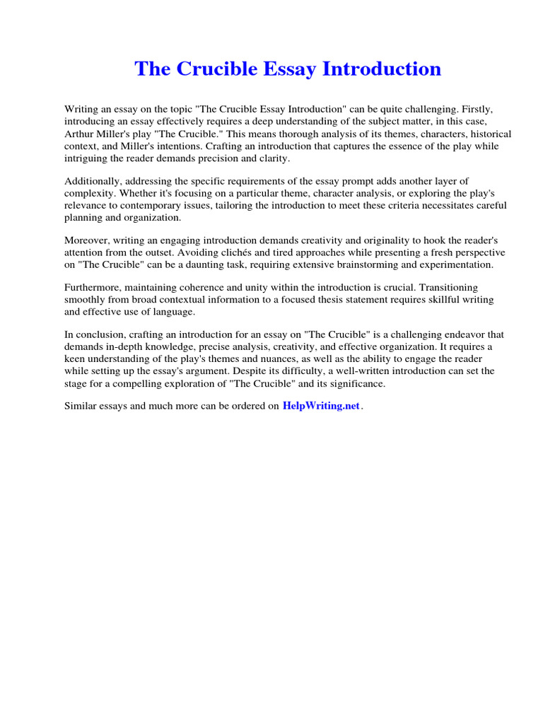 The Crucible Essay Introduction | PDF | Essays | Trade