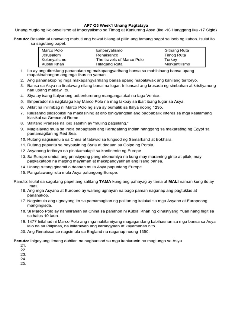 AP7 Q3 Week1 Unang Pagtataya | PDF
