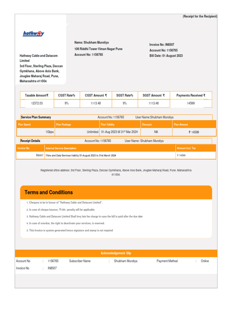 Broadband Bill | PDF | Receipt | Cheque