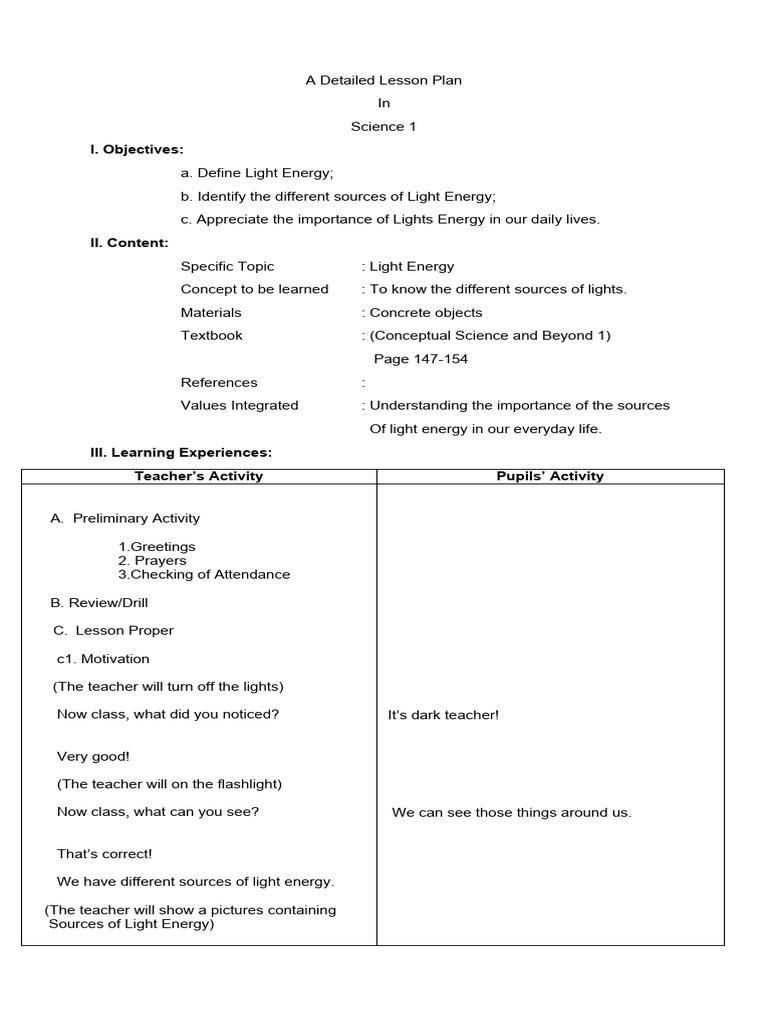 Grade 1 Lesson Plan: Light Energy | PDF | Lesson Plan | Learning