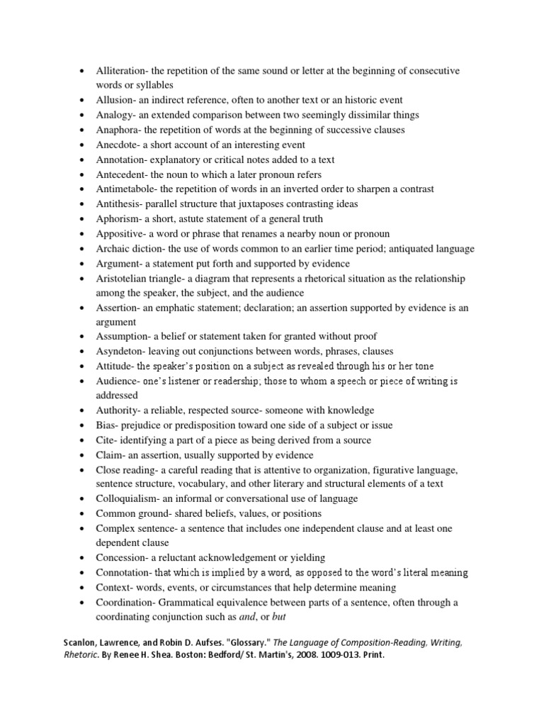 Rhetorical Vocabulary - The Language of Composition | PDF | Sentence ...