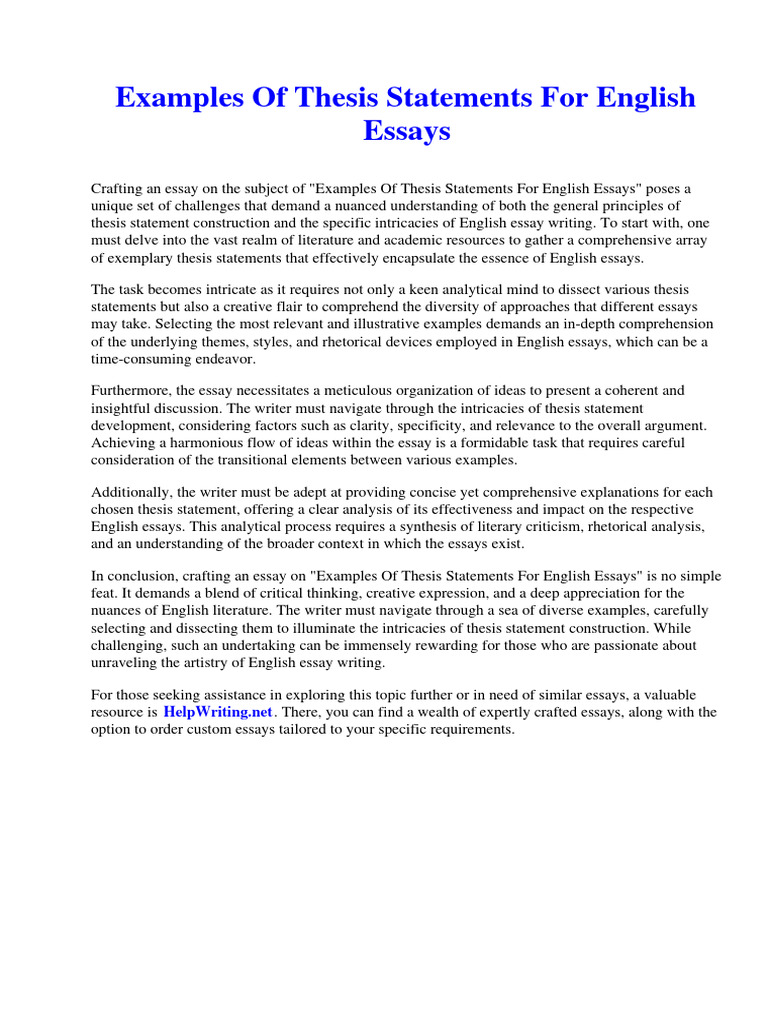 Examples of Thesis Statements For English Essays | PDF | Essays ...