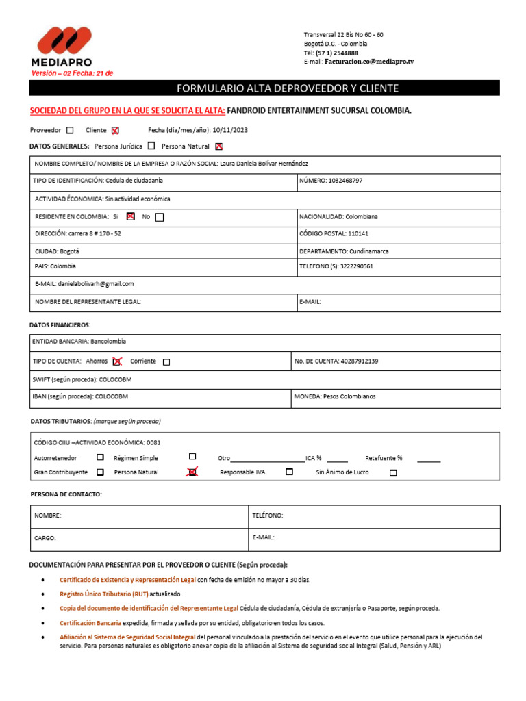 Formulario Alta de Proveedor y Cliente | Descargar gratis PDF | Daños y perjuicios | Colombia