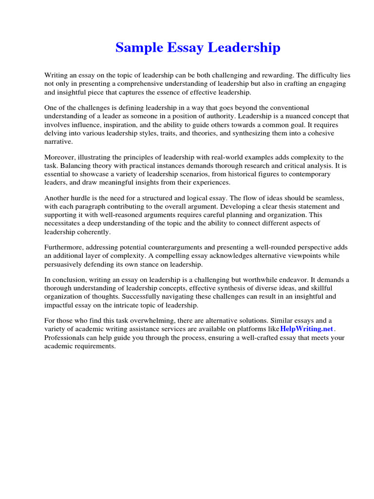 Sample Essay Leadership | PDF | Leadership | Cognitive Behavioral Therapy