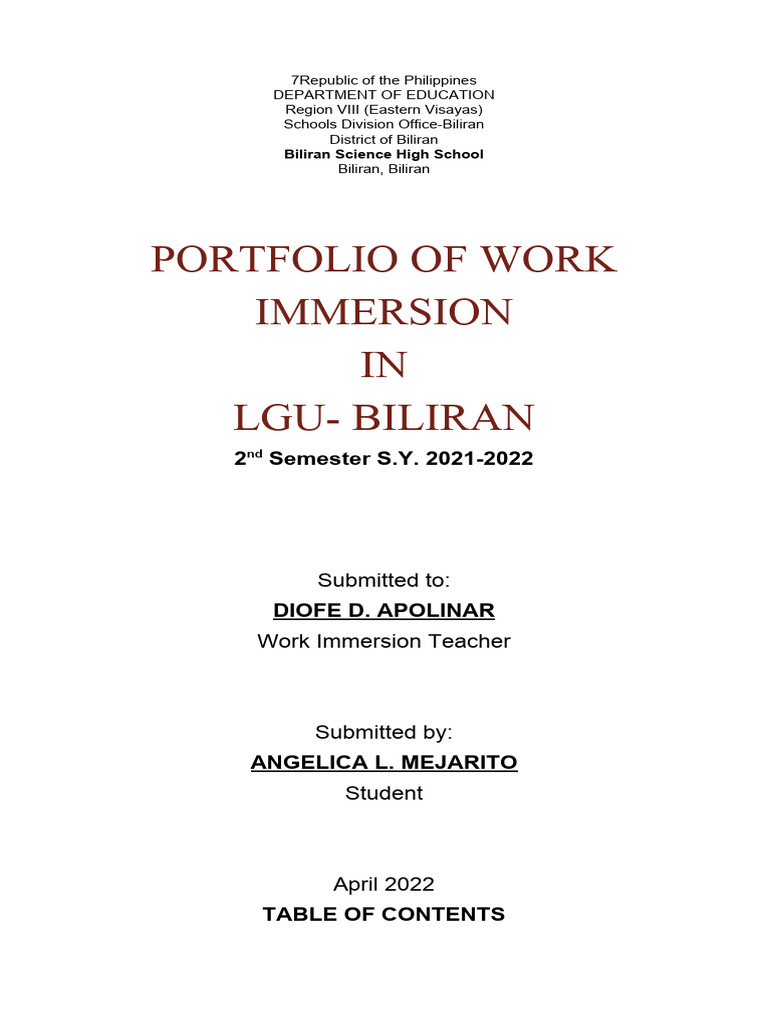 Portfolio For Work Immersion Lgu Biliran | PDF | Prayer | Nursing