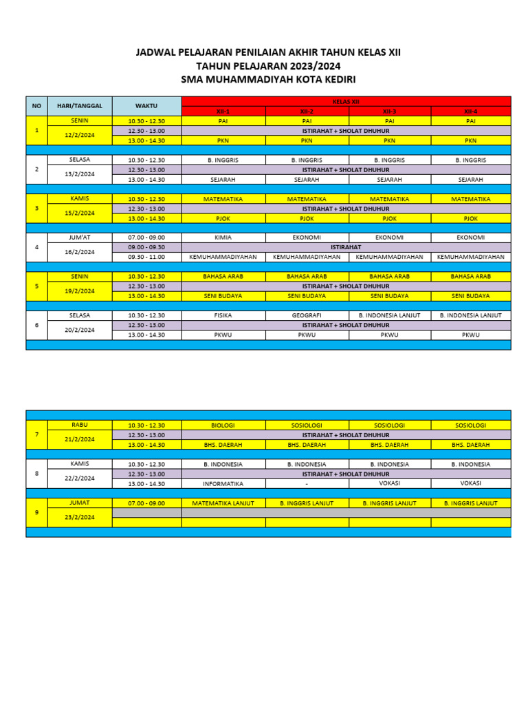 Jadwal Pelajaran Dan Pembagian Ruang PAT Kelas XII | PDF