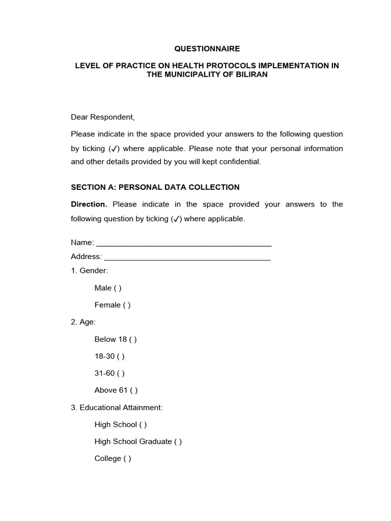 Questionnaire. Legit | PDF | Hand Washing | Medical Specialties