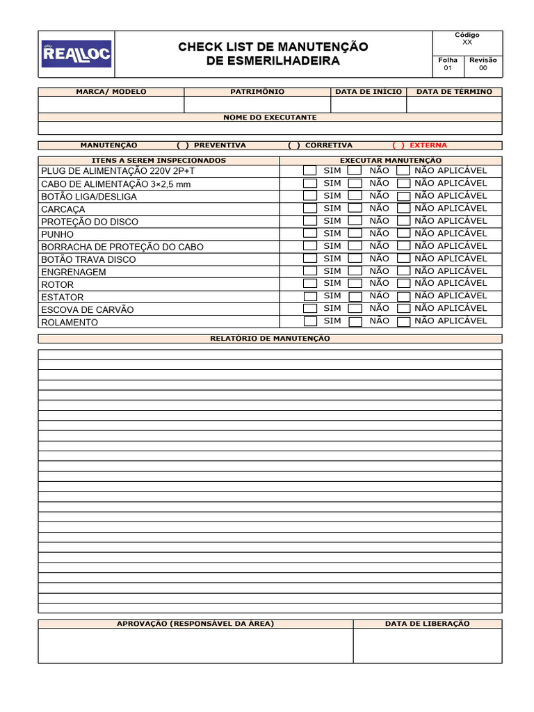 Check List de Manutenção de Esmerilhadeira | PDF