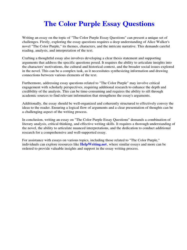 The Color Purple Essay Questions | PDF | Essays