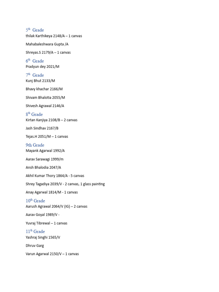 Student Art Canvas List | PDF | Sports & Recreation