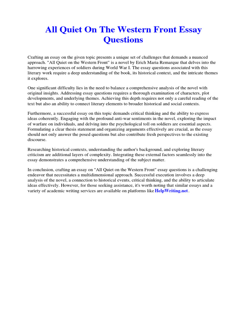 All Quiet On The Western Front Essay Questions | PDF | Sandy Hook ...