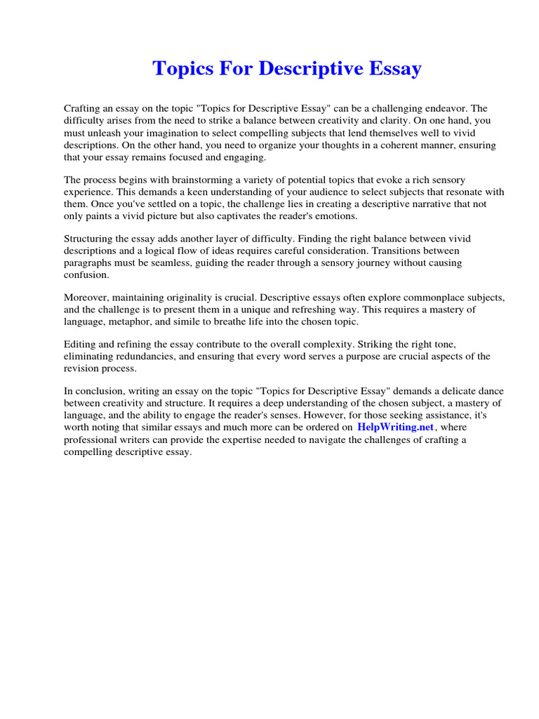 Topics For Descriptive Essay | PDF | Essays | Cognitive Science