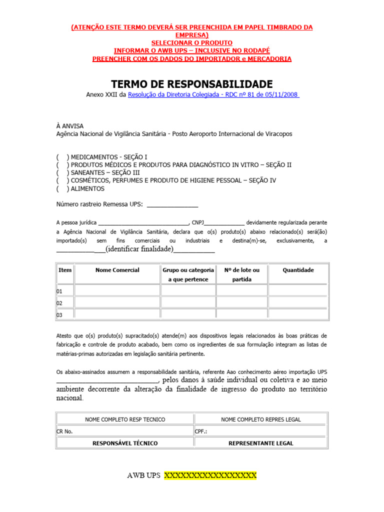 Termo De Responsabilidade Anvisa Pdf