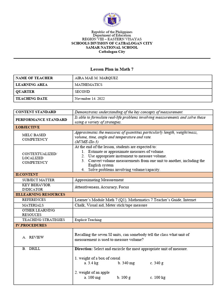 Lesson Plan in Math 7: Schools Division of Catbalogan City Samar ...