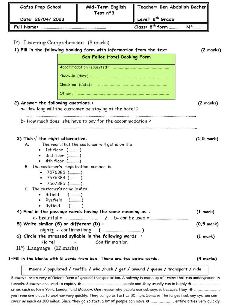 8th Form English Listening Test N°3 | PDF