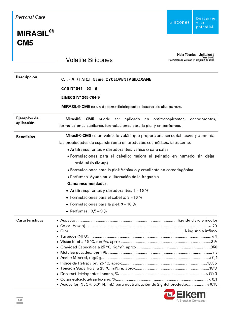 Hoja Técnica Mirasil CM5 Volátil 245 | PDF | Higiene | Bienes de consumo
