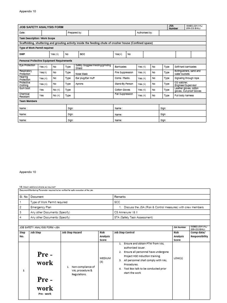 JSA - Confined space- Civil works | PDF | Workplace | Safety